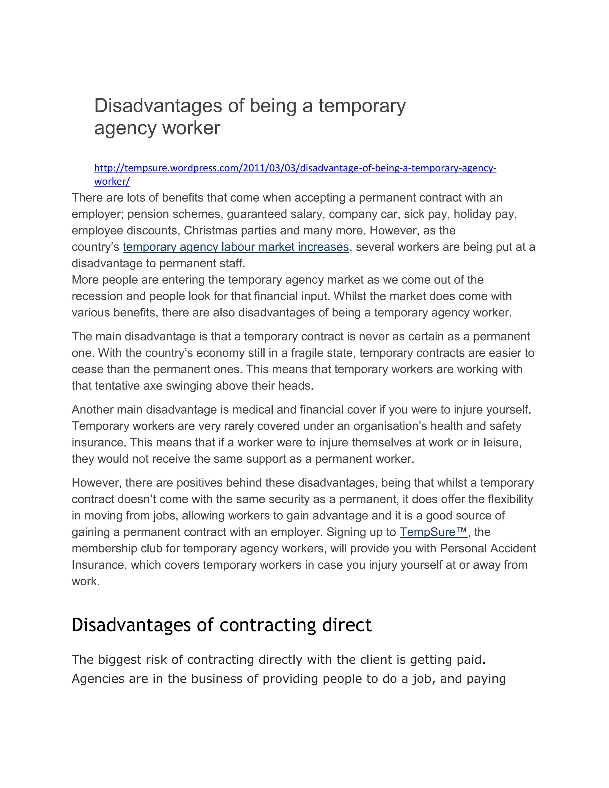 Disadvantages of being a temporary agency worker | DOCX