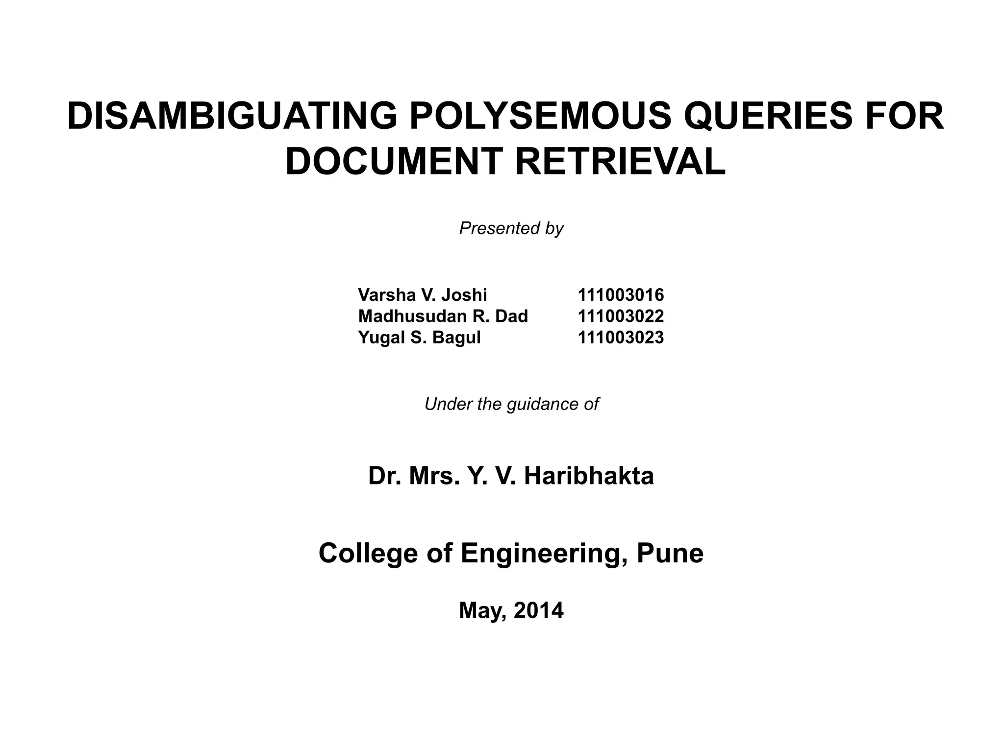 Disambiguating Polysemous Queries For Document Retrieval | PPT