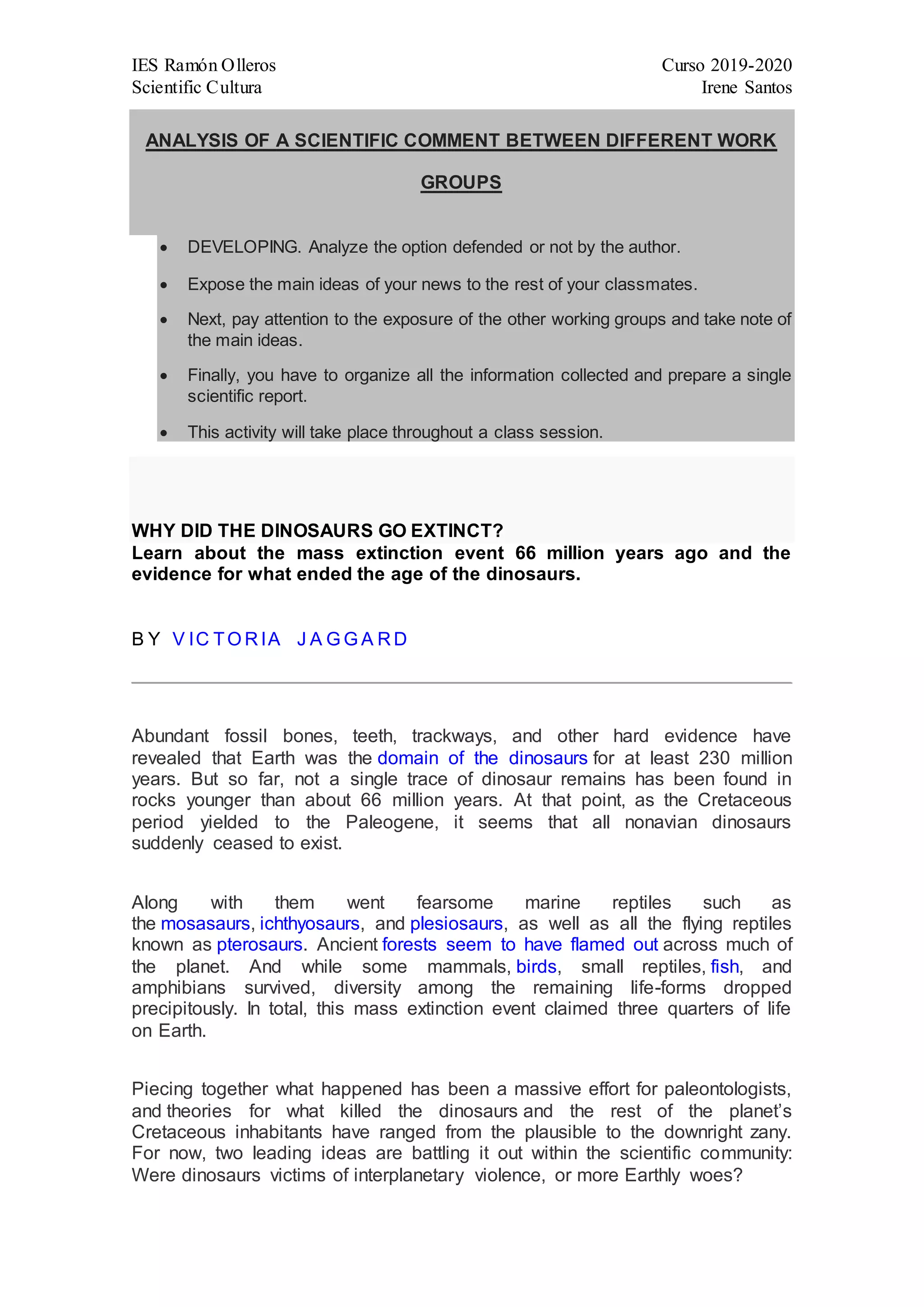 Disappearance of dinosaurs | DOCX