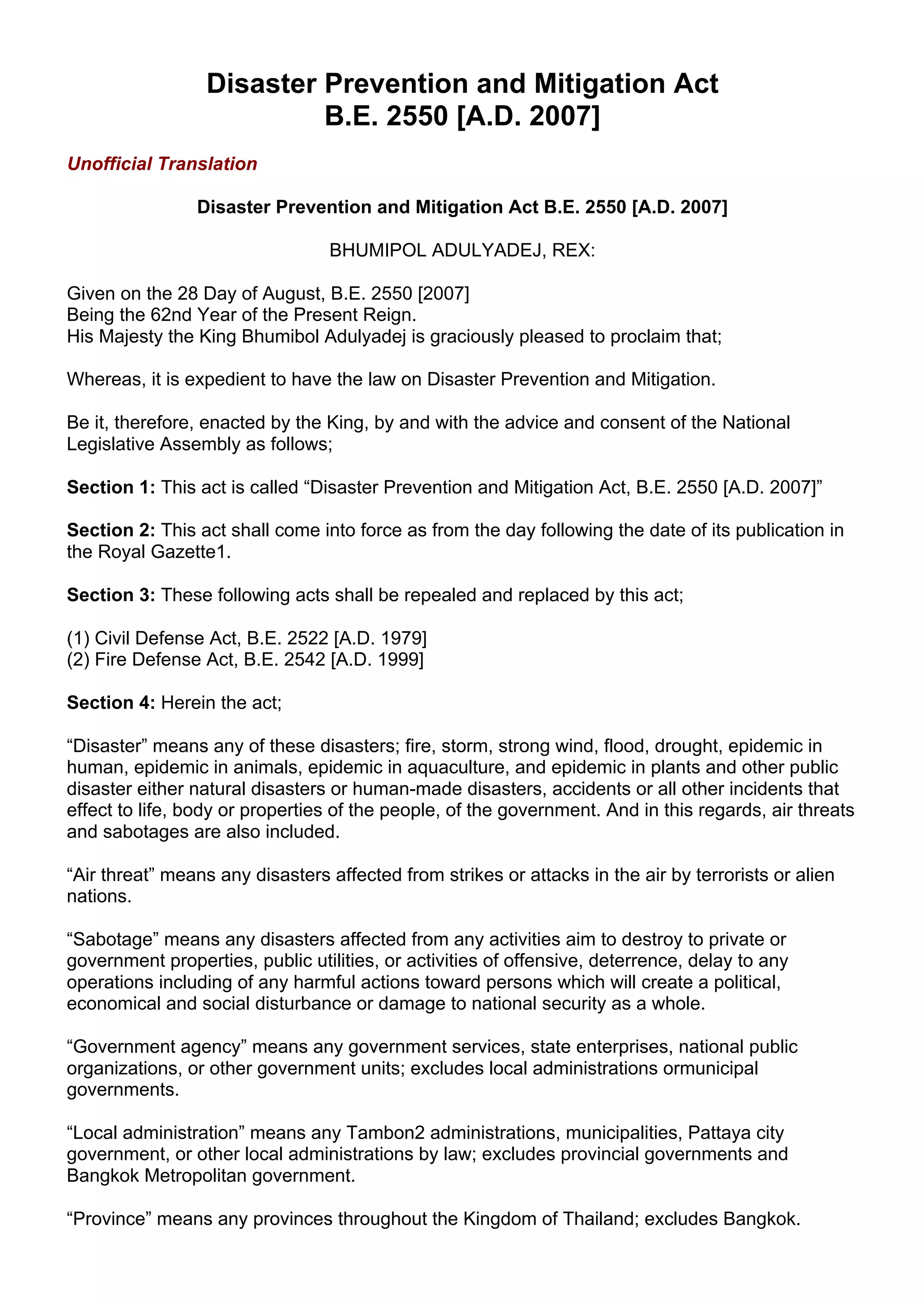 Thailand Disaster Management Law | PDF