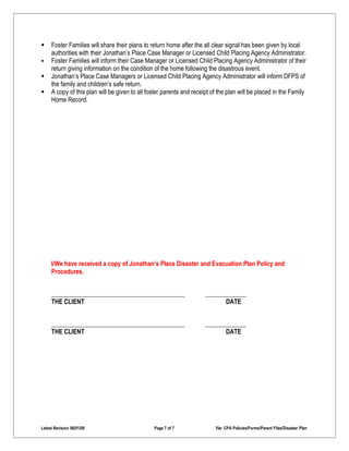 Disaster Emergency Plan Policy | DOC | Adoption and Fostering | Parenting