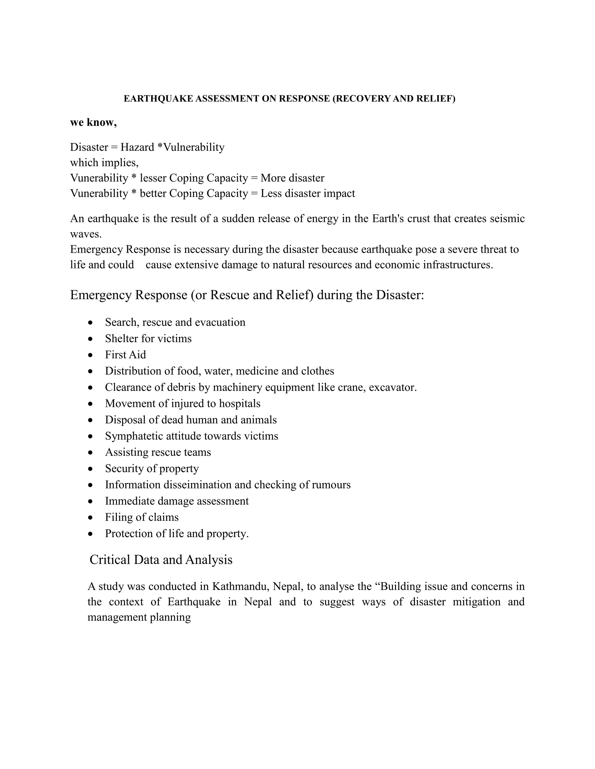 Disaster earth quake rescue and relief assessment | PDF