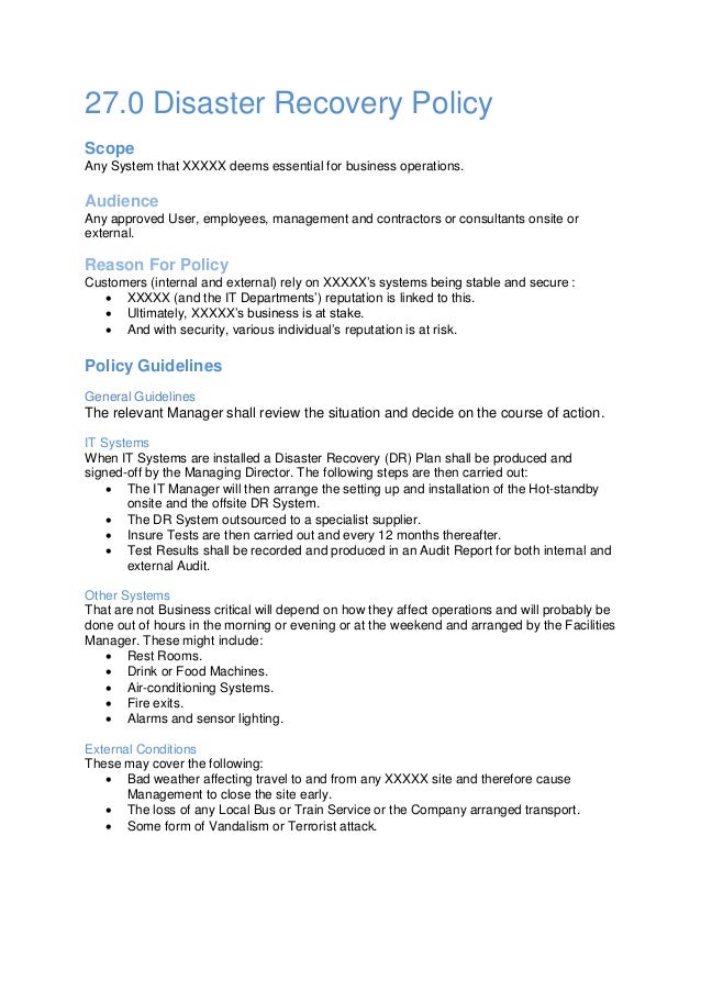 Disaster recovery policy