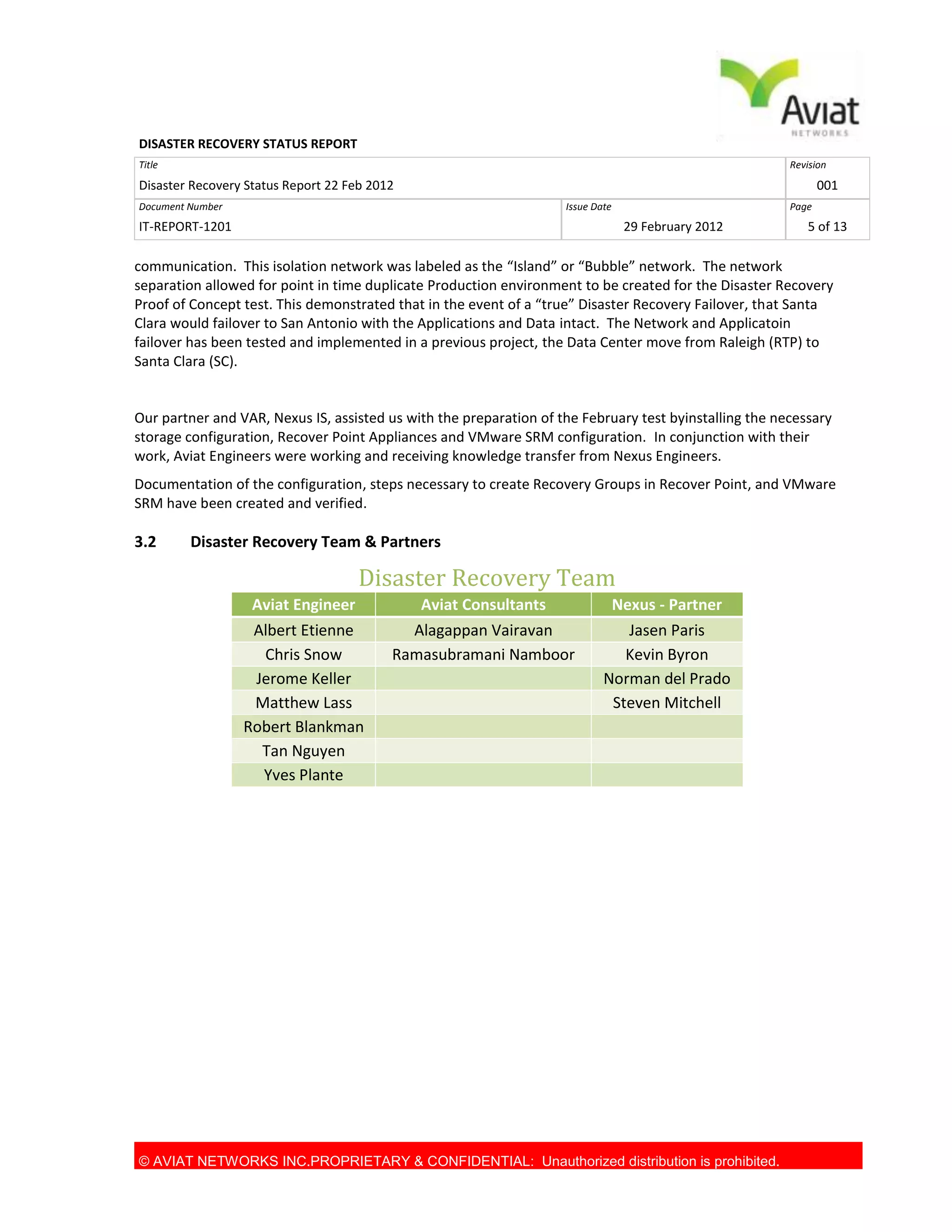 Disaster Recovery Status Report 22 Feb2012 | DOCX