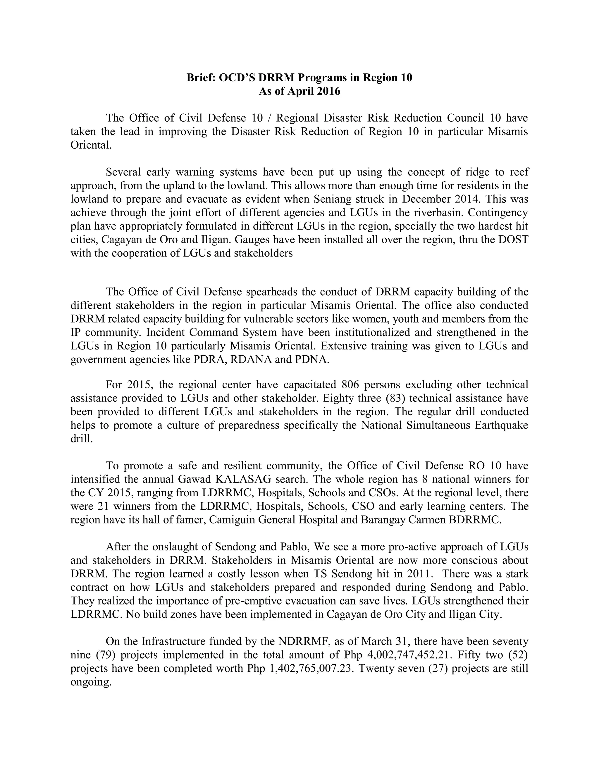 OCD X Briefer on DRRM programs in Region 10 | PDF