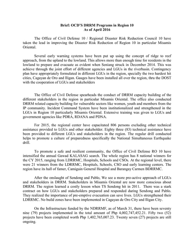 OCD X Briefer on DRRM programs in Region 10 | PDF | Disasters