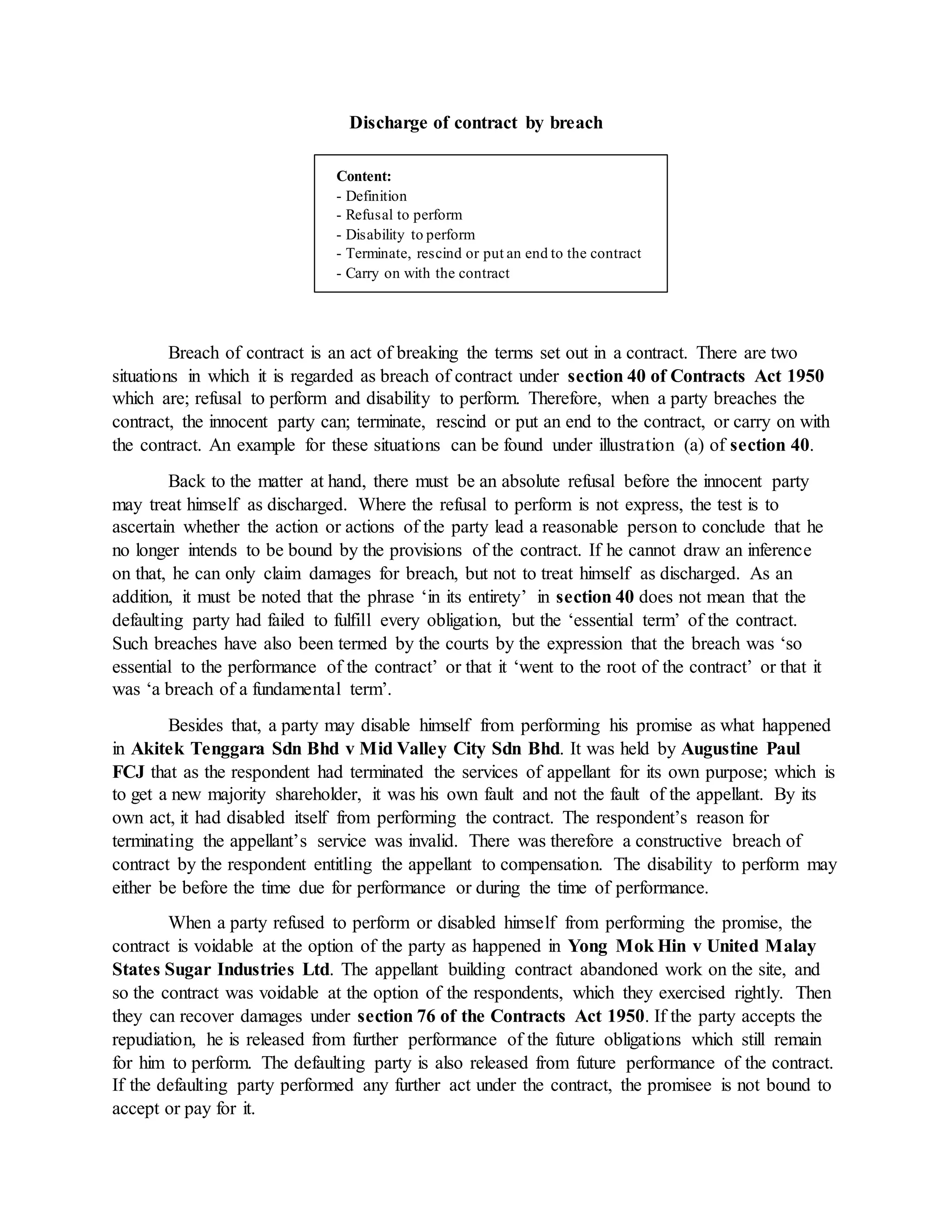 Discharge of Contract By Breach | DOCX