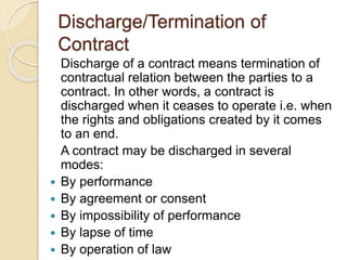 Business Regulations - Discharge of contract with proper examples a Contract | PPTX