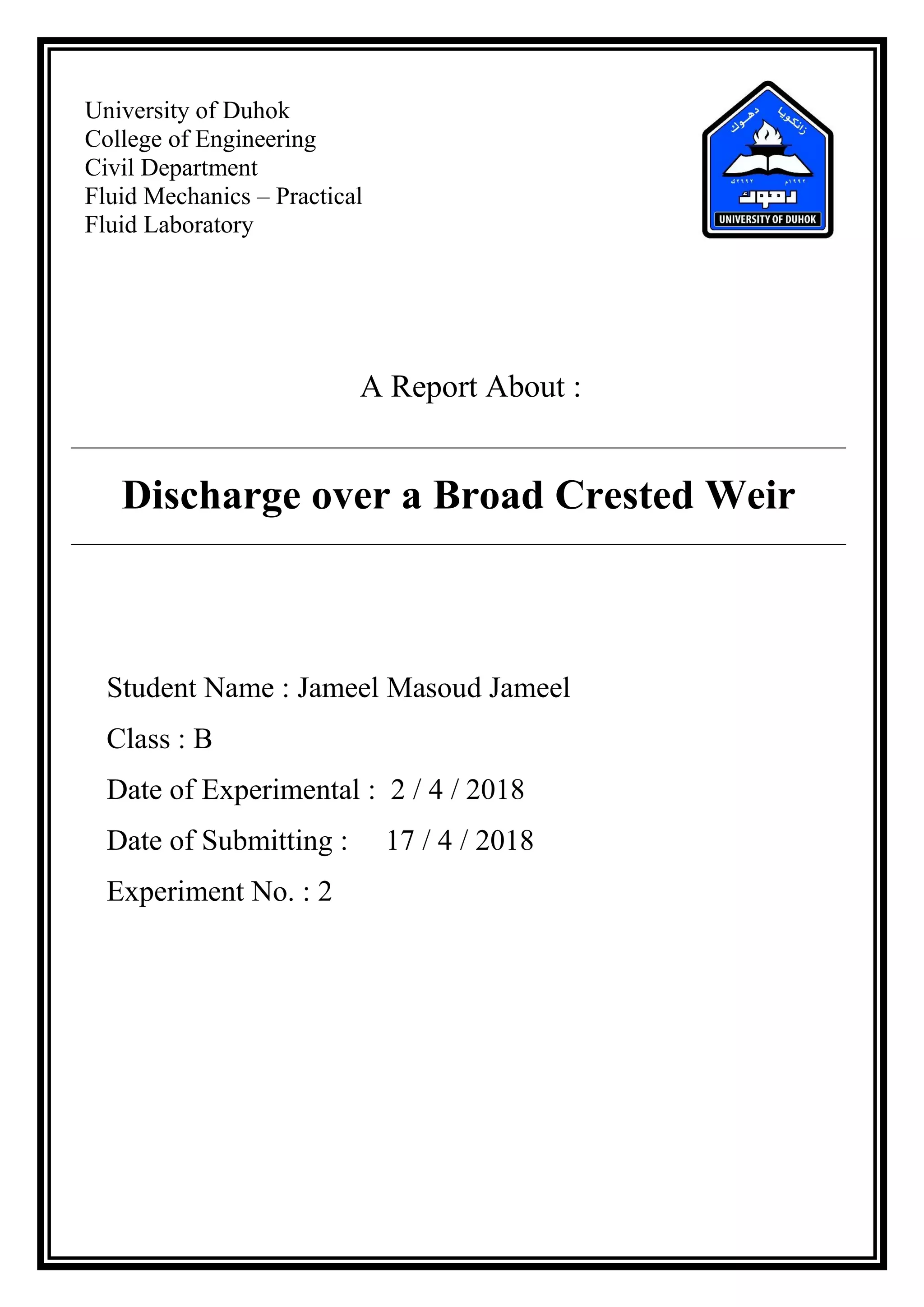Discharge Over a broad Crested Weir | Jameel Academy | PDF