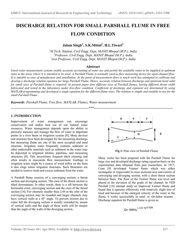 Discharge relation for small parshall flume in free | PDF