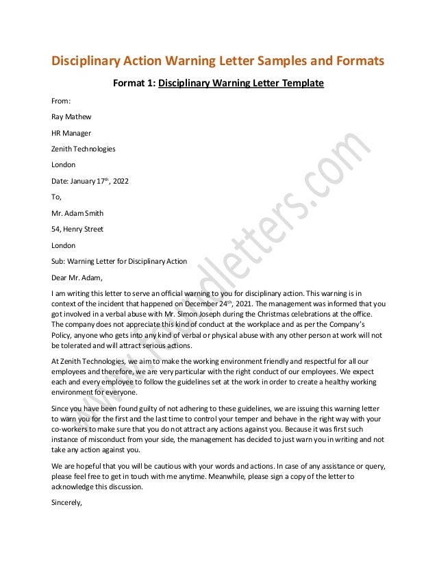 Disciplinary Action Warning Letter Sample