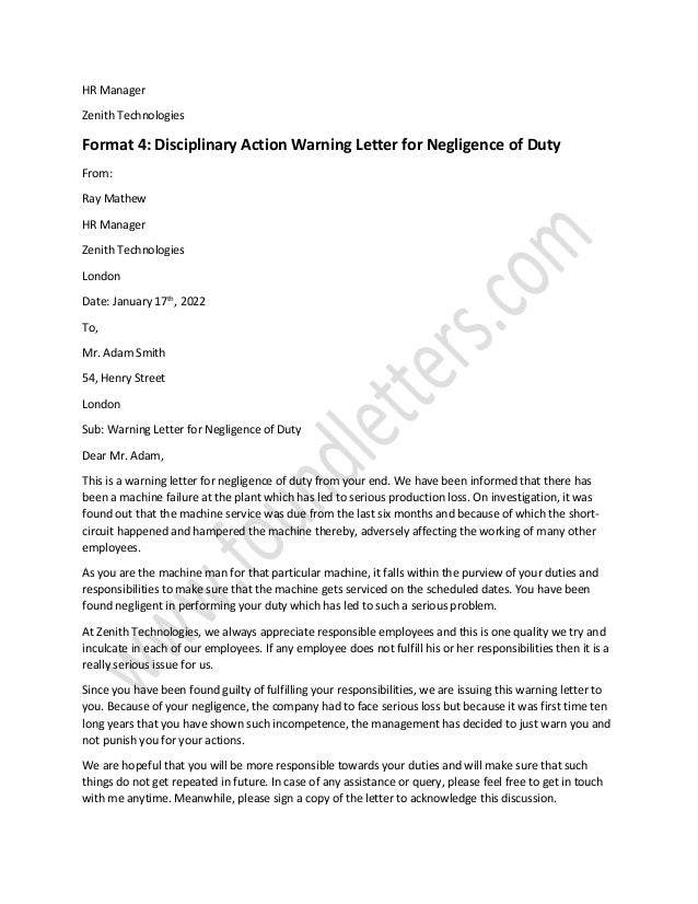 Disciplinary Action Warning Letter Sample