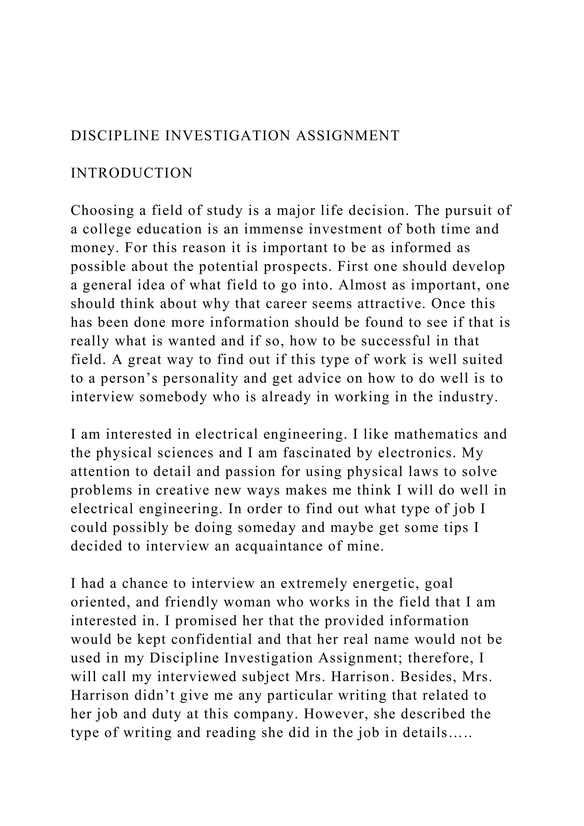 DISCIPLINE INVESTIGATION ASSIGNMENTINTRODUCTIONChoosing .docx
