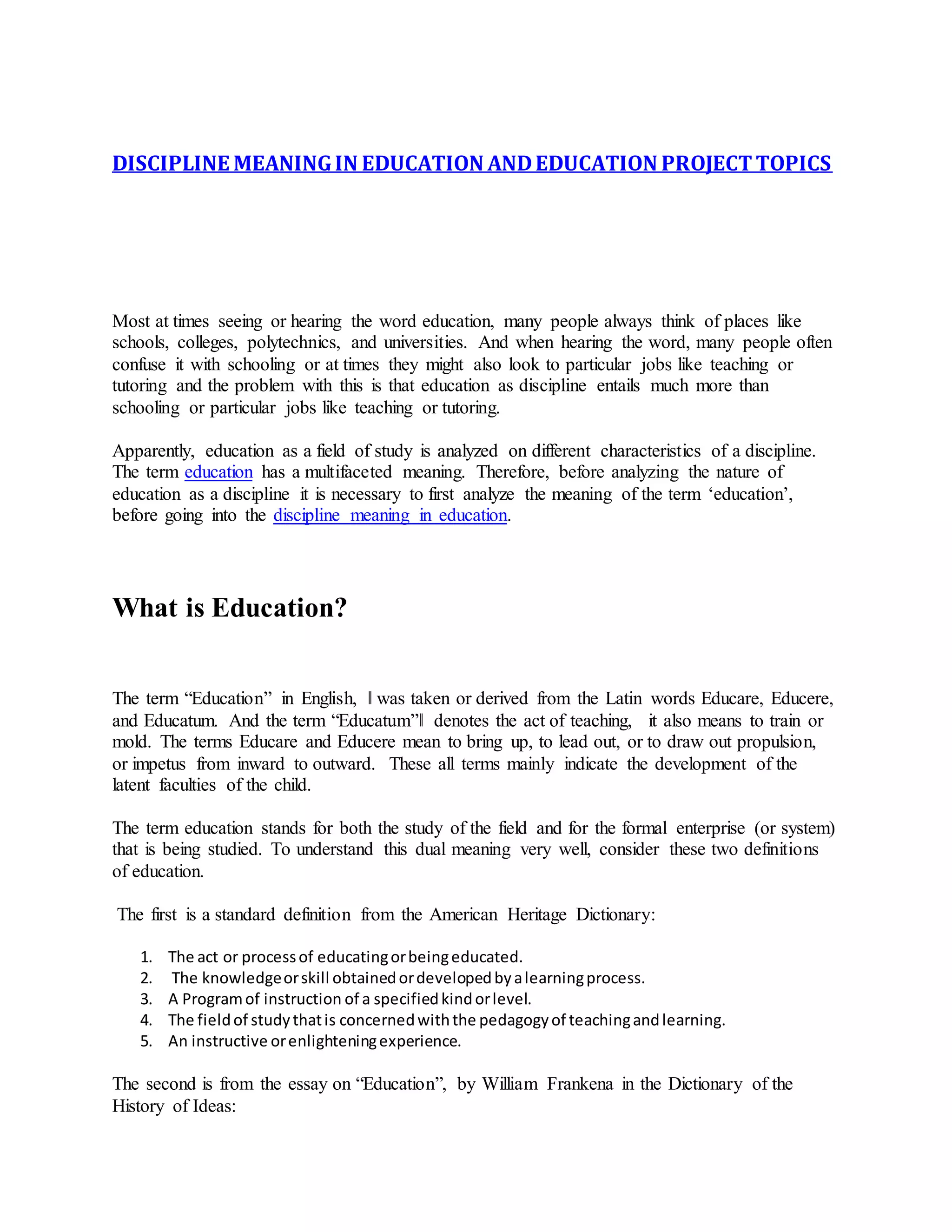 Discipline meaning in education and education project topics | DOCX