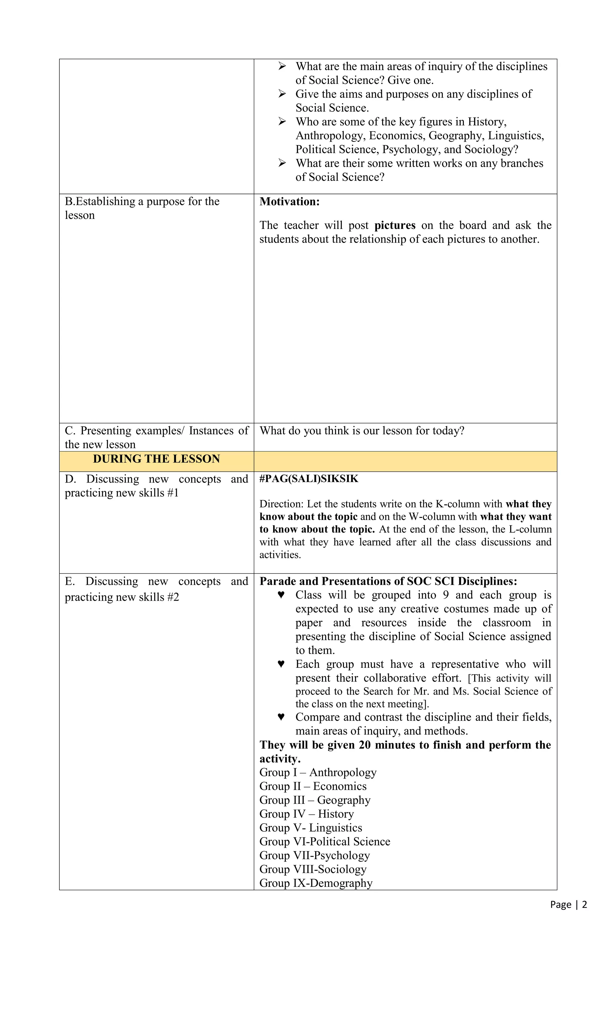Lesson Plan Disciplines or branches of social sciences | PDF