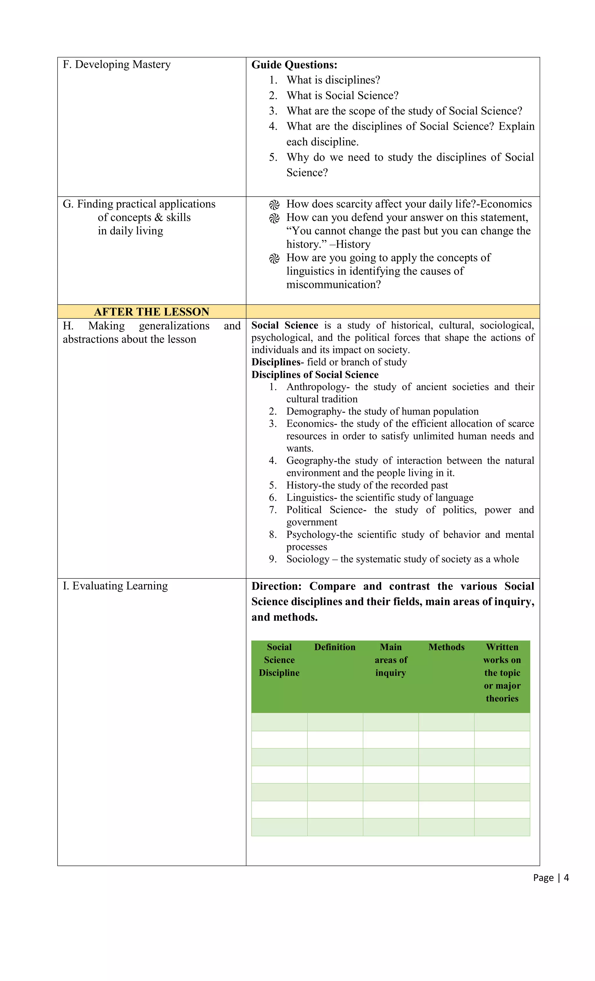 Lesson Plan Disciplines or branches of social sciences | PDF
