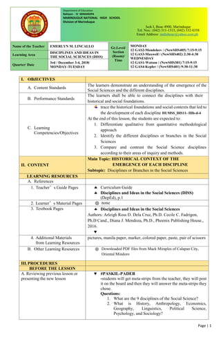 Lesson Plan Disciplines or branches of social sciences | PDF