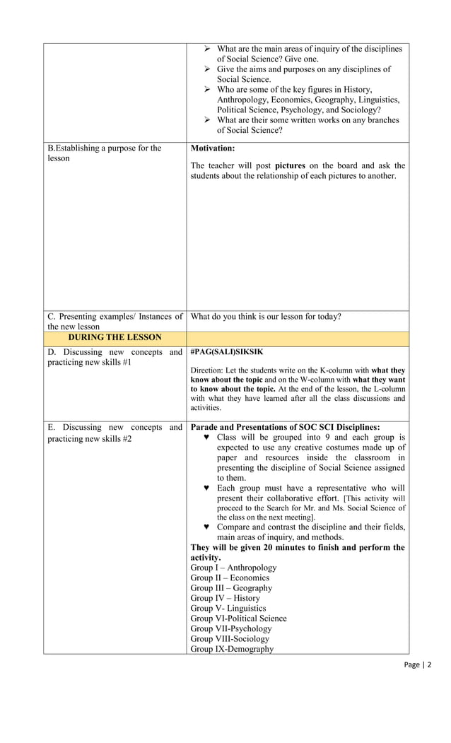 Lesson Plan Disciplines or branches of social sciences | PDF