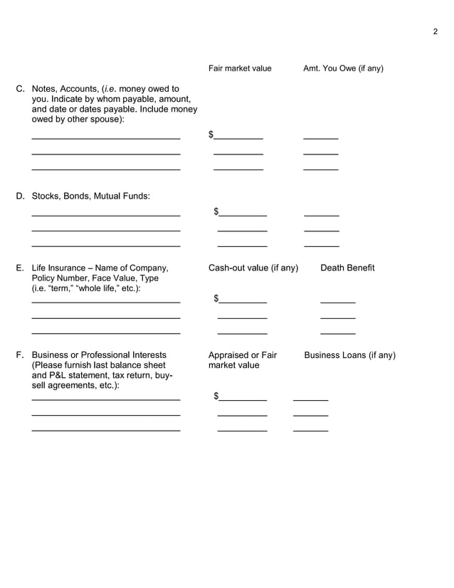 Disclosures worksheet for premarital agreements and prenuptial ...