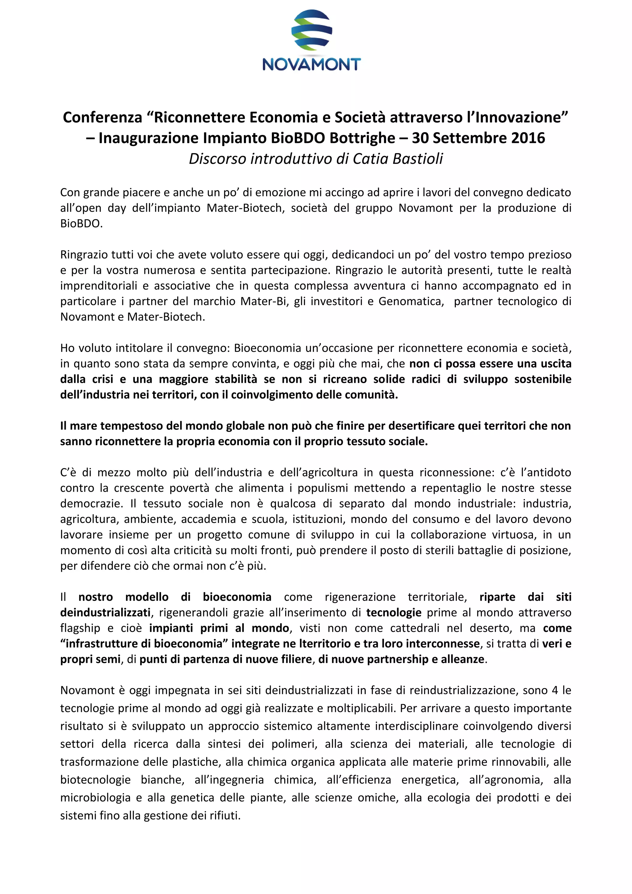 Inaugurazione Mater-Biotech: discorso introduttivo di Catia Bastioli | PDF