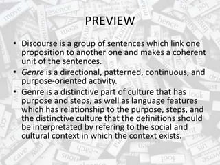 Discourse and Genre (the relationship between discourse and genre) | PPTX