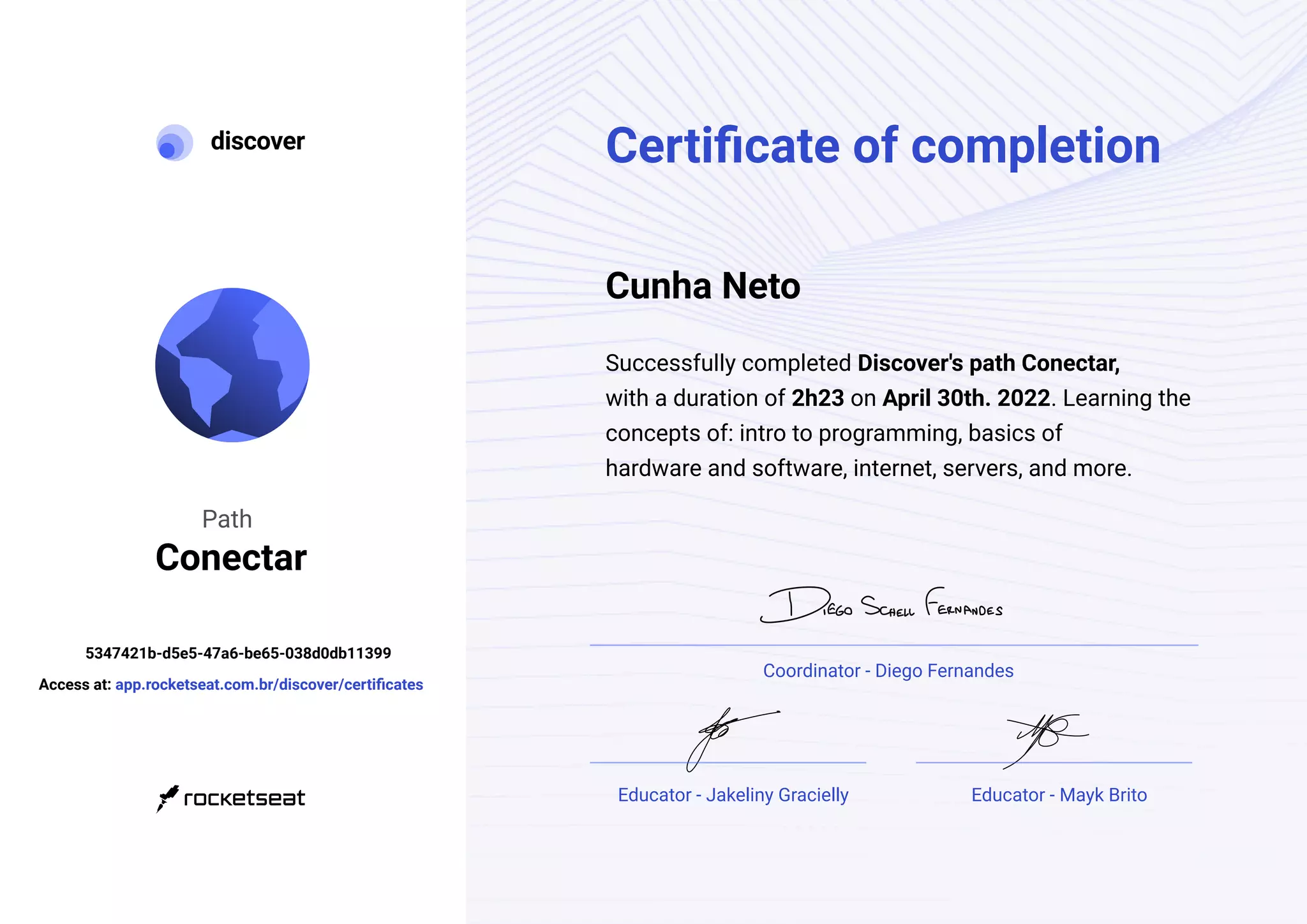 Rocketseat Discover Conectar Certificate | PDF | Computing | Technology & Computing