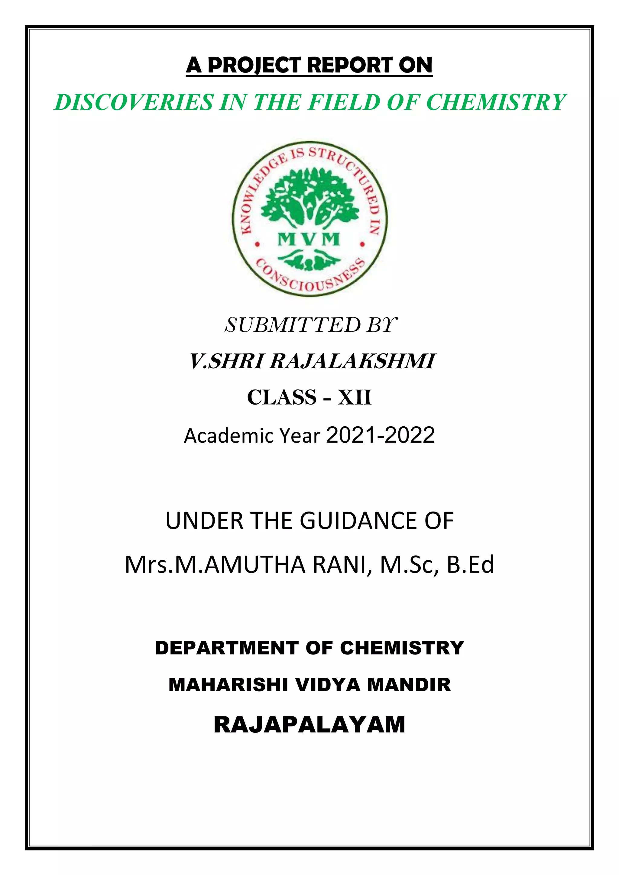 Discoveries in the field of chemistry - By Rajalakshmi | PDF