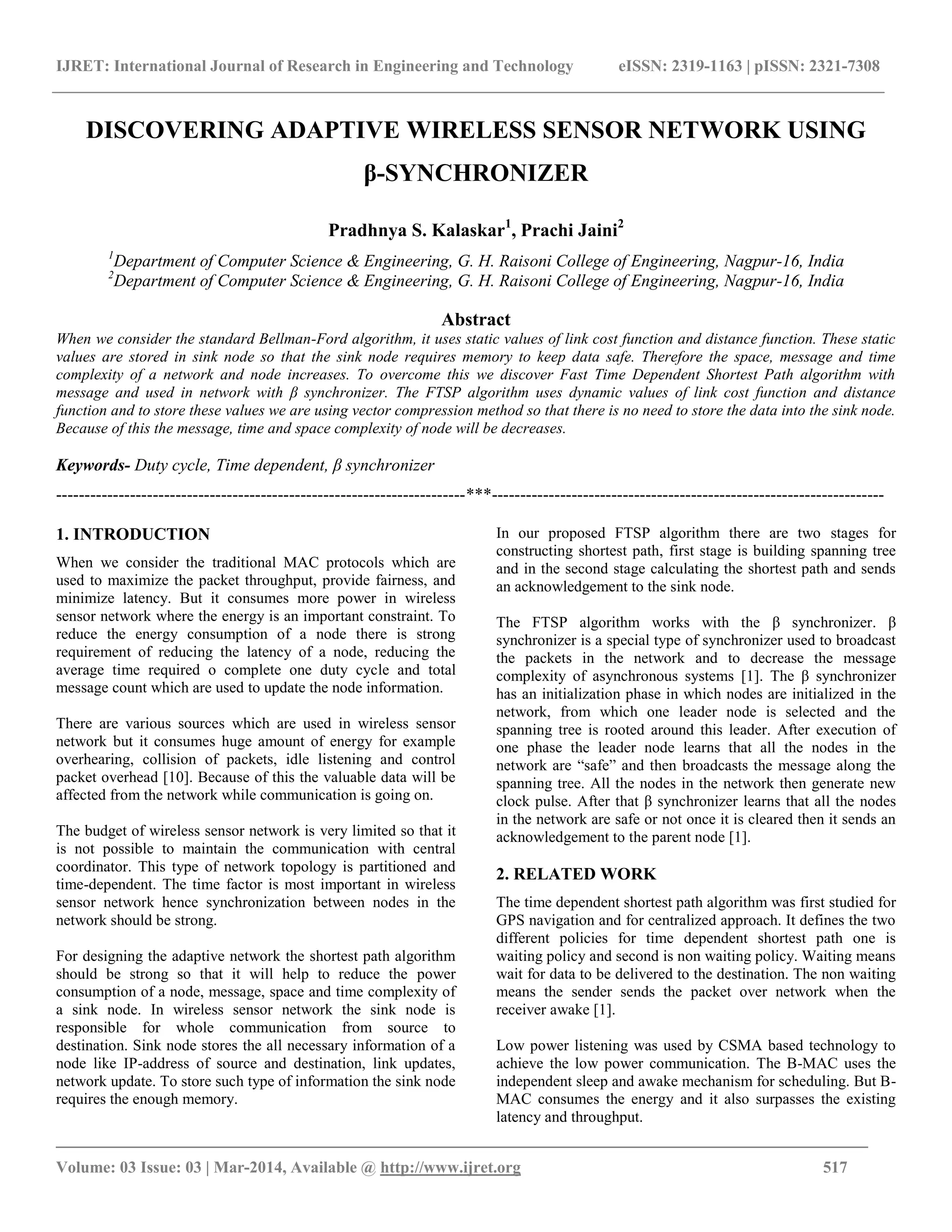 Discovering Adaptive Wireless Sensor Network Using β Synchronizer Pdf