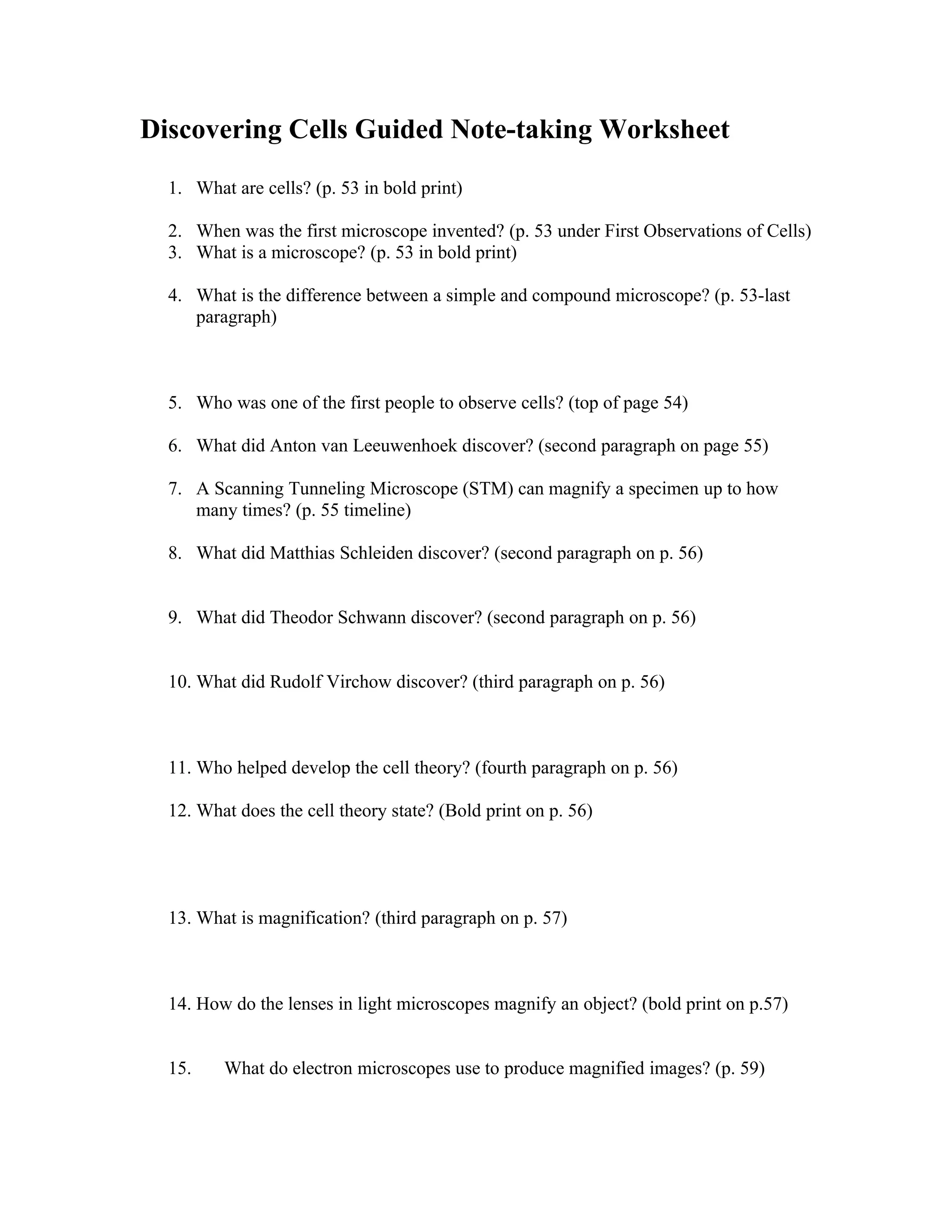 Discovering Cells Guided Note Taking Worksheet With Page Numbers | DOC