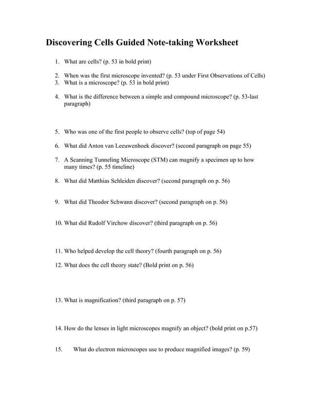 Discovering Cells Guided Note Taking Worksheet With Page Numbers | DOC