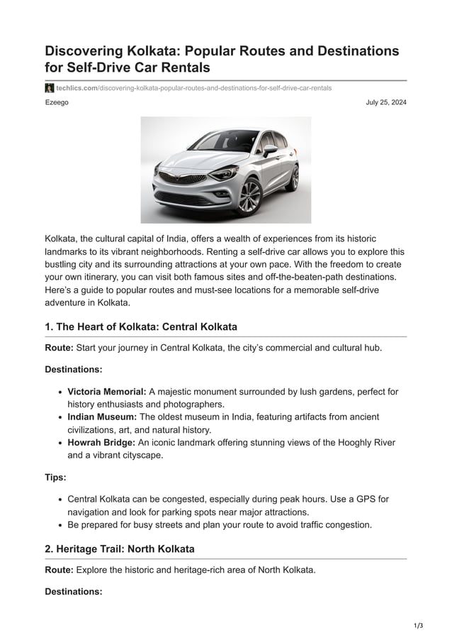 Discovering Kolkata Popular Routes and Destinations for Self-Drive Car ...