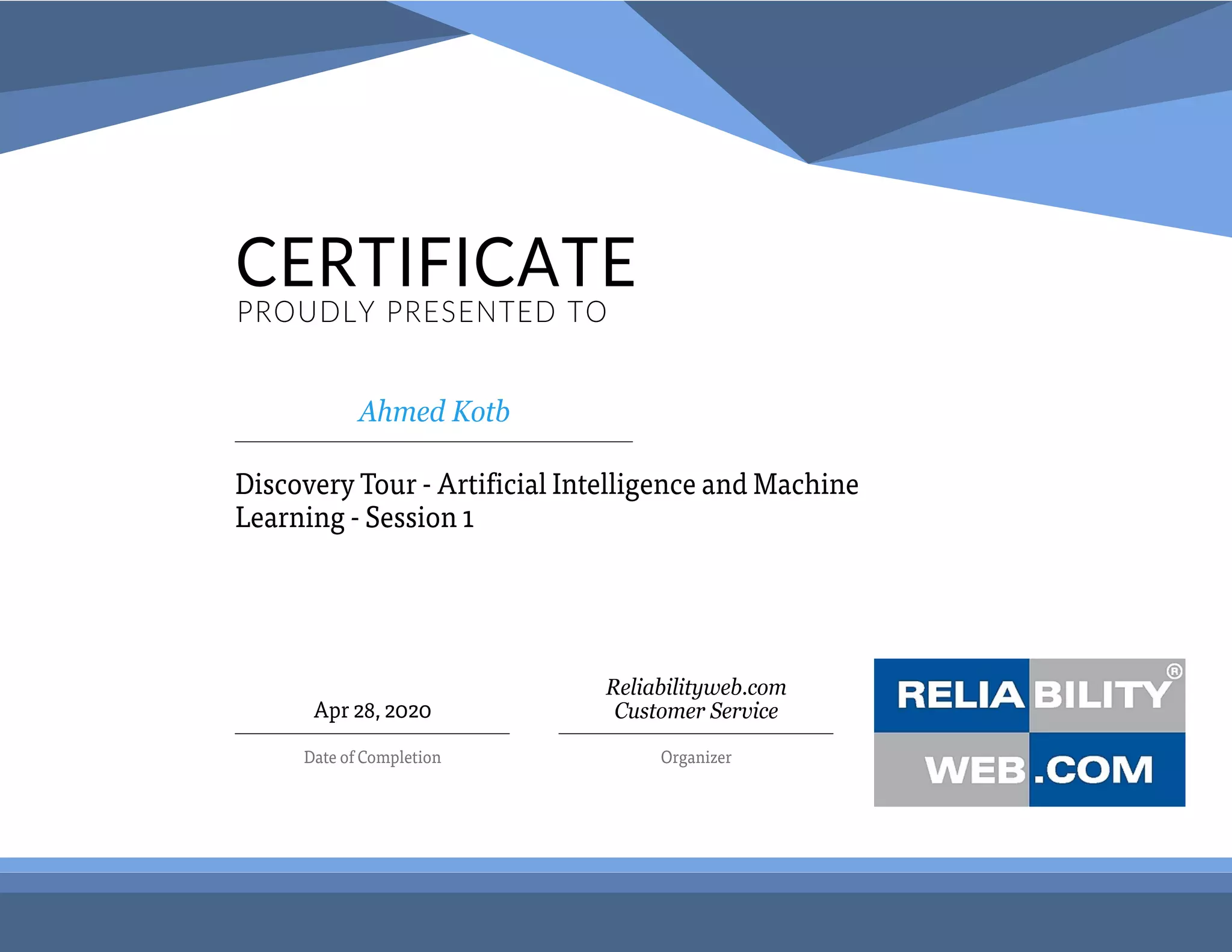 Certificate of Completion "Discovery tour artificial intelligence and machine learning - session ...