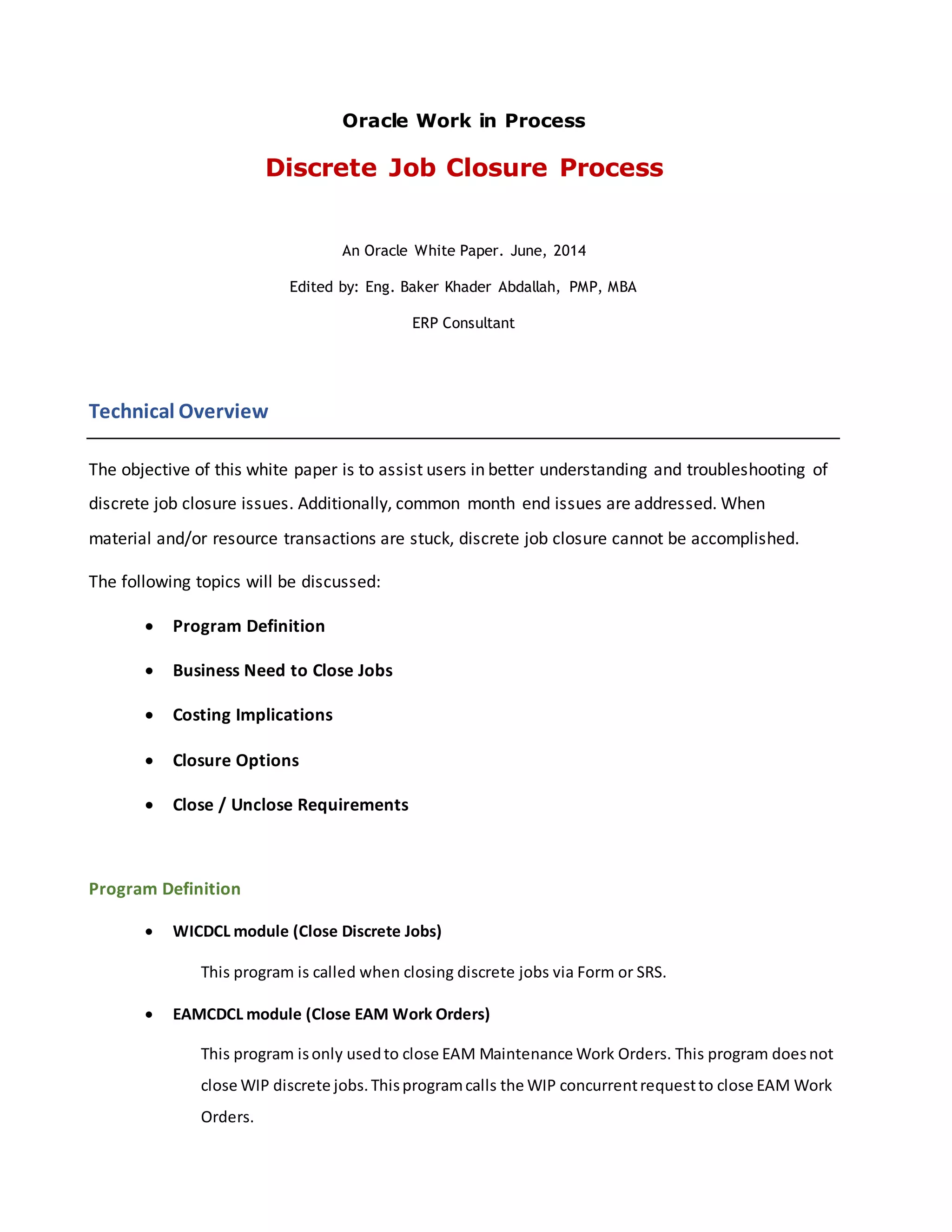 Discrete Job Closure Process | DOCX