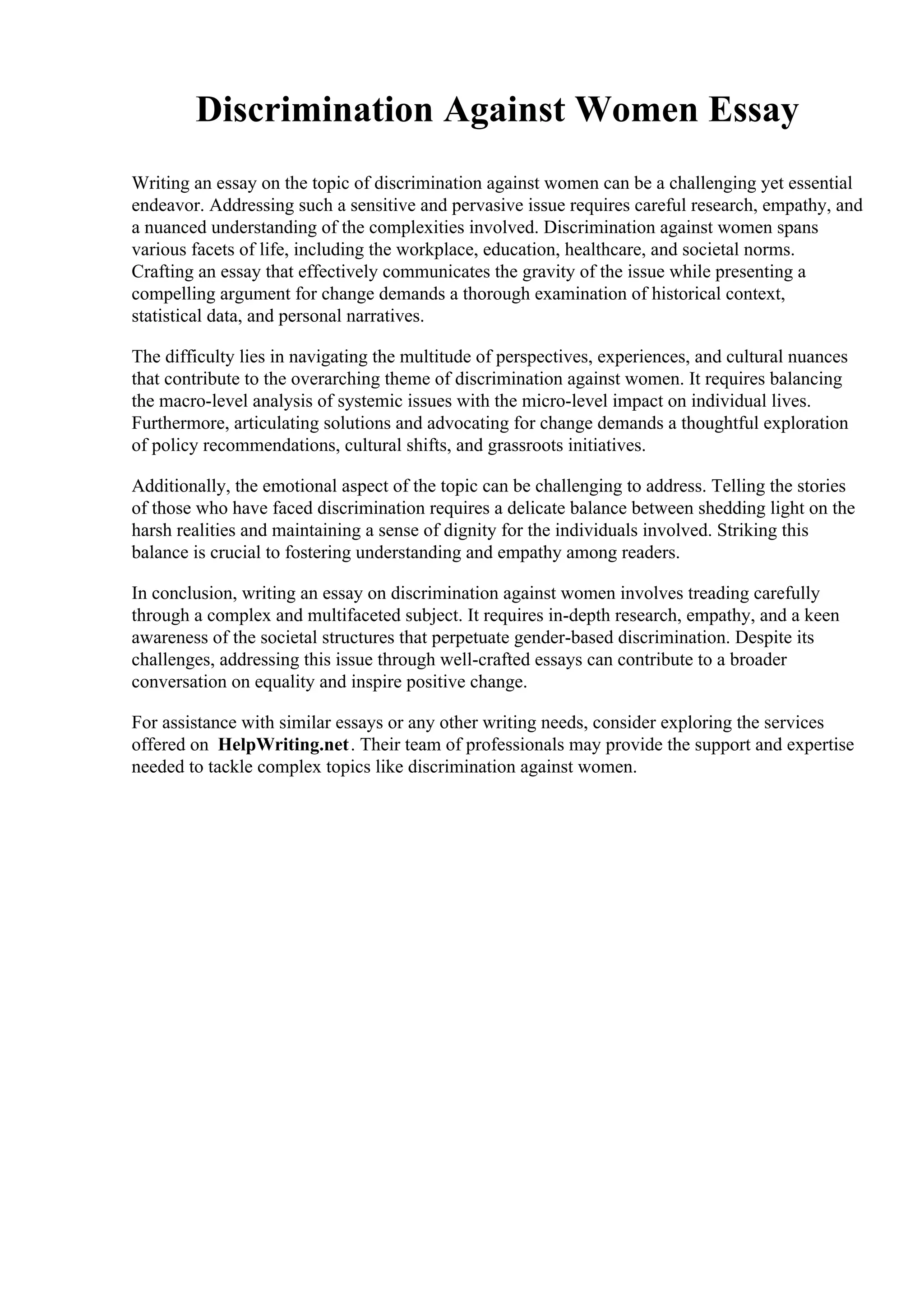 Discrimination Against Women Essay. Kalamazoo College | PDF