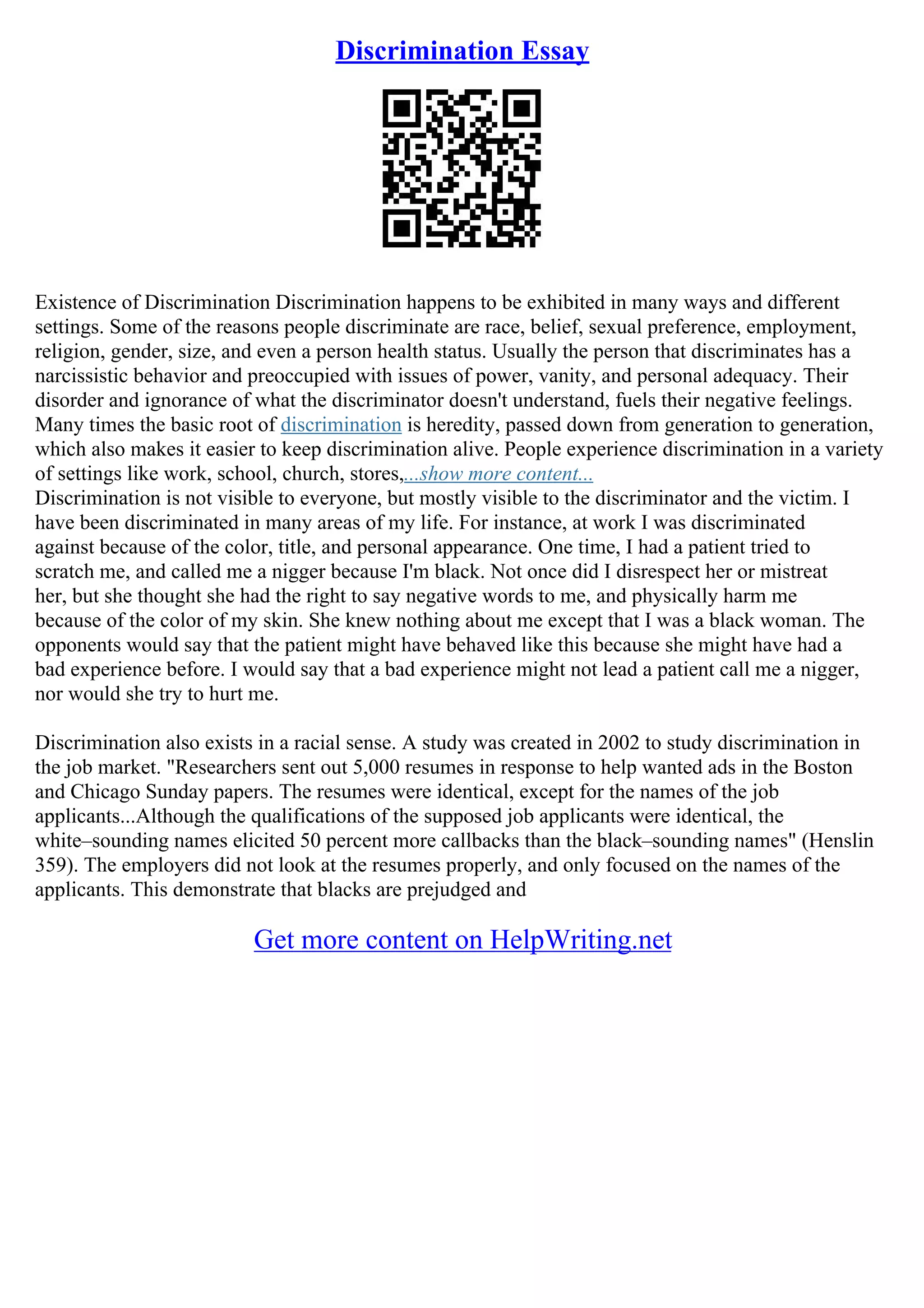 Discrimination Essay | PDF | Debated Sensitive Social Issues ...