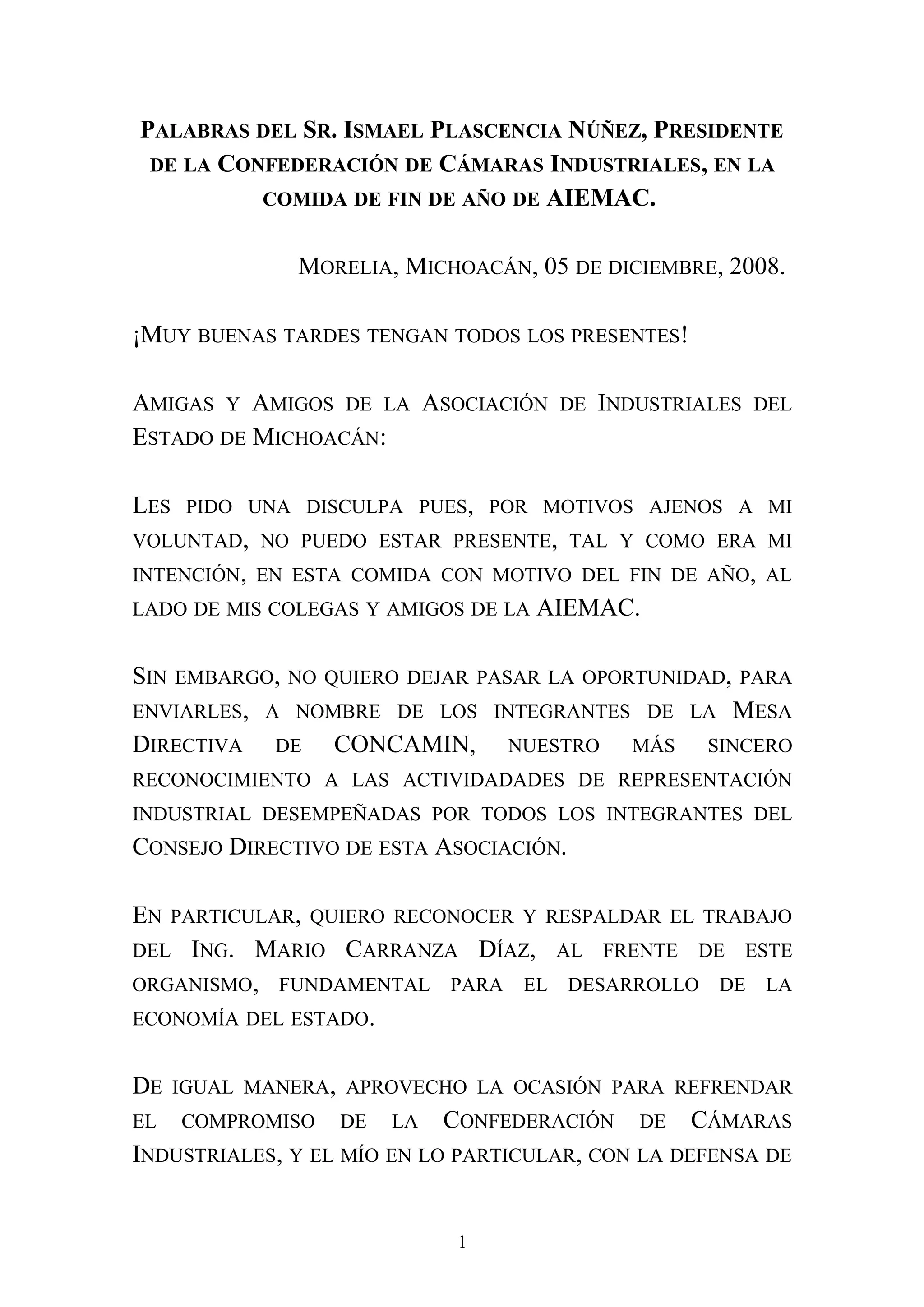 Discurso de Ismael Plascencia Nuñez en la comida de fin de año de ...