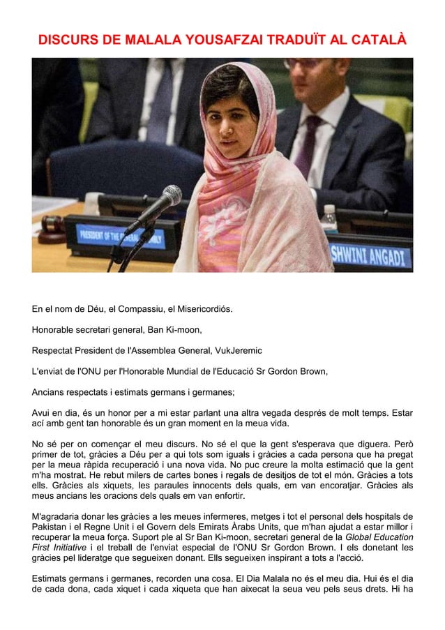 Discurs de Malala Yousafzai traduït al català | DOCX