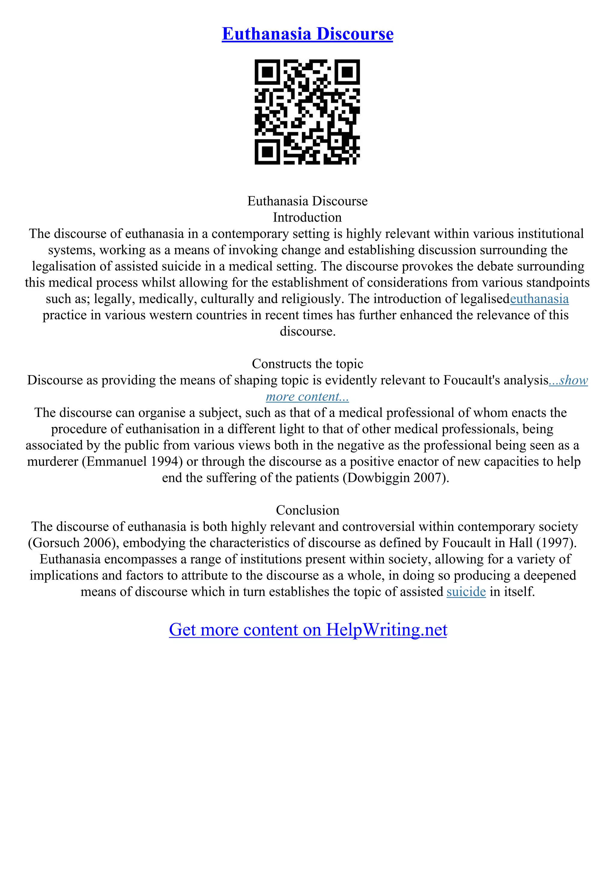 Discursive Essay On Euthanasia | PDF