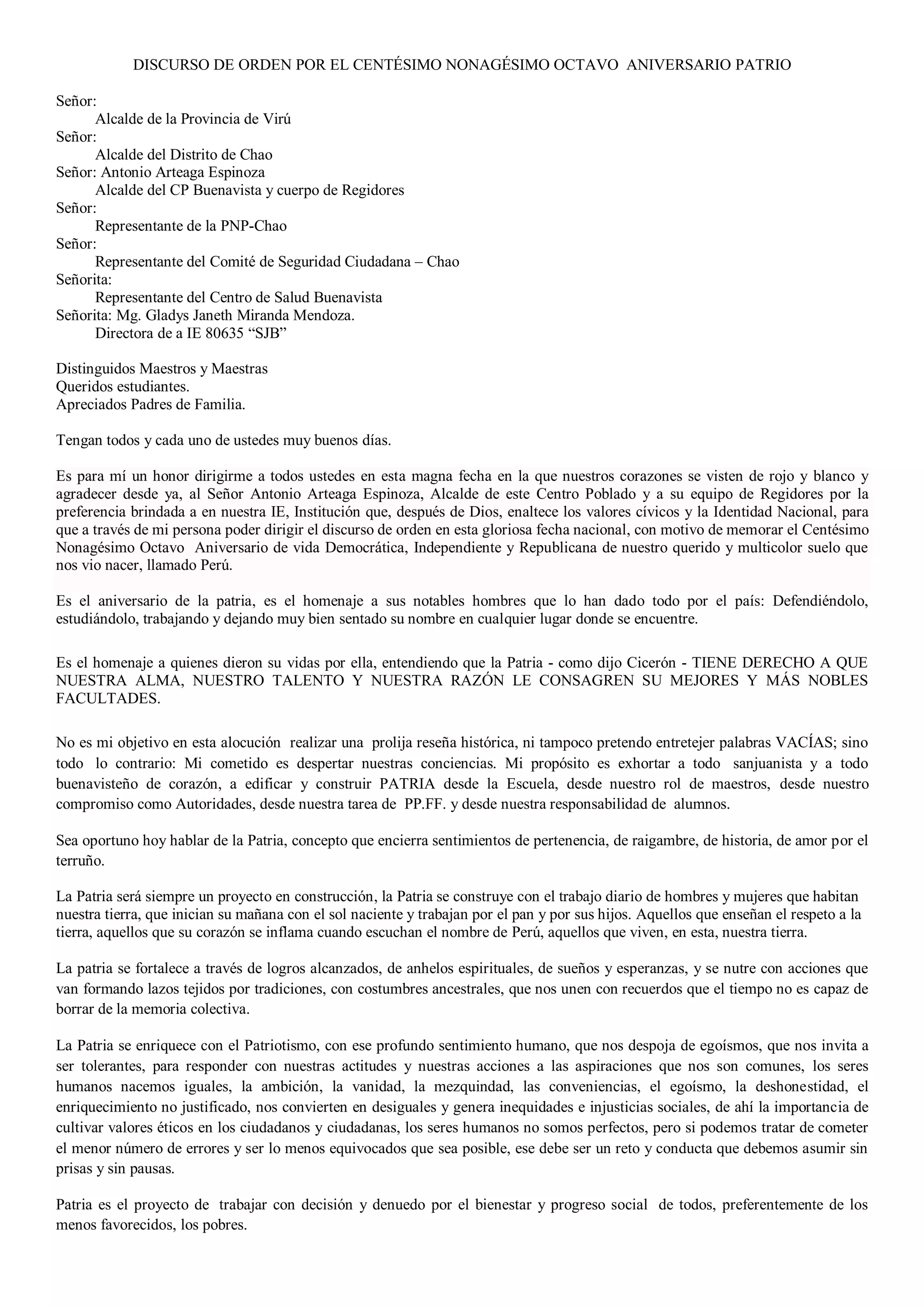 Discurso de orden por fiestas patrias | PDF