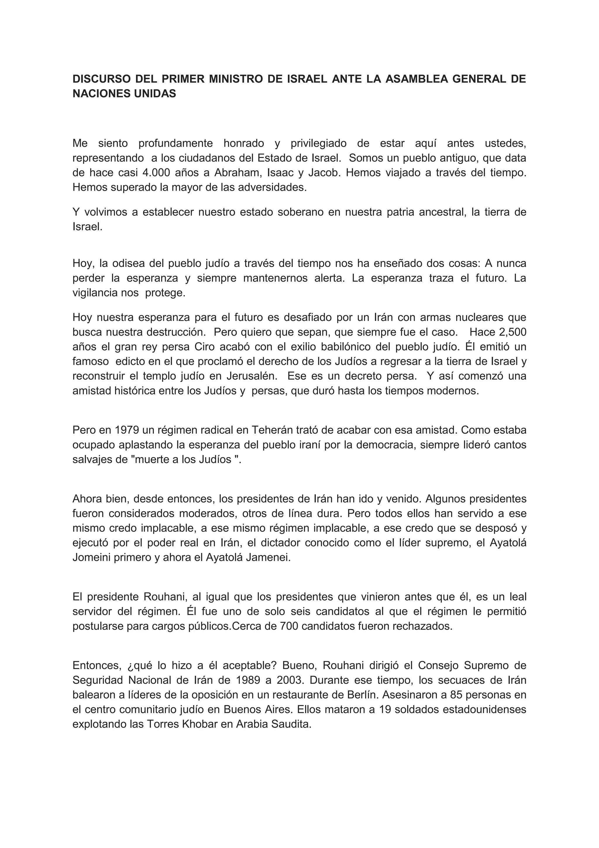 DISCURSO DEL PRIMER MINISTRO DEL ESTADO DE ISRAEL ANTE LA ASAMBLEA ...