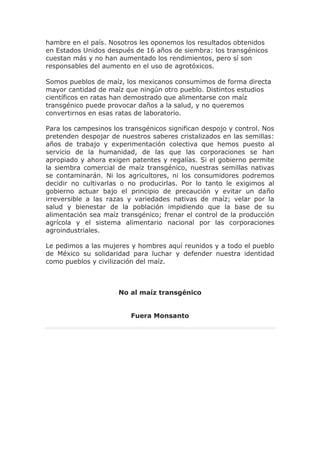 Discurso en el zócalo al terminar la marcha contra el maíz transgénico ...