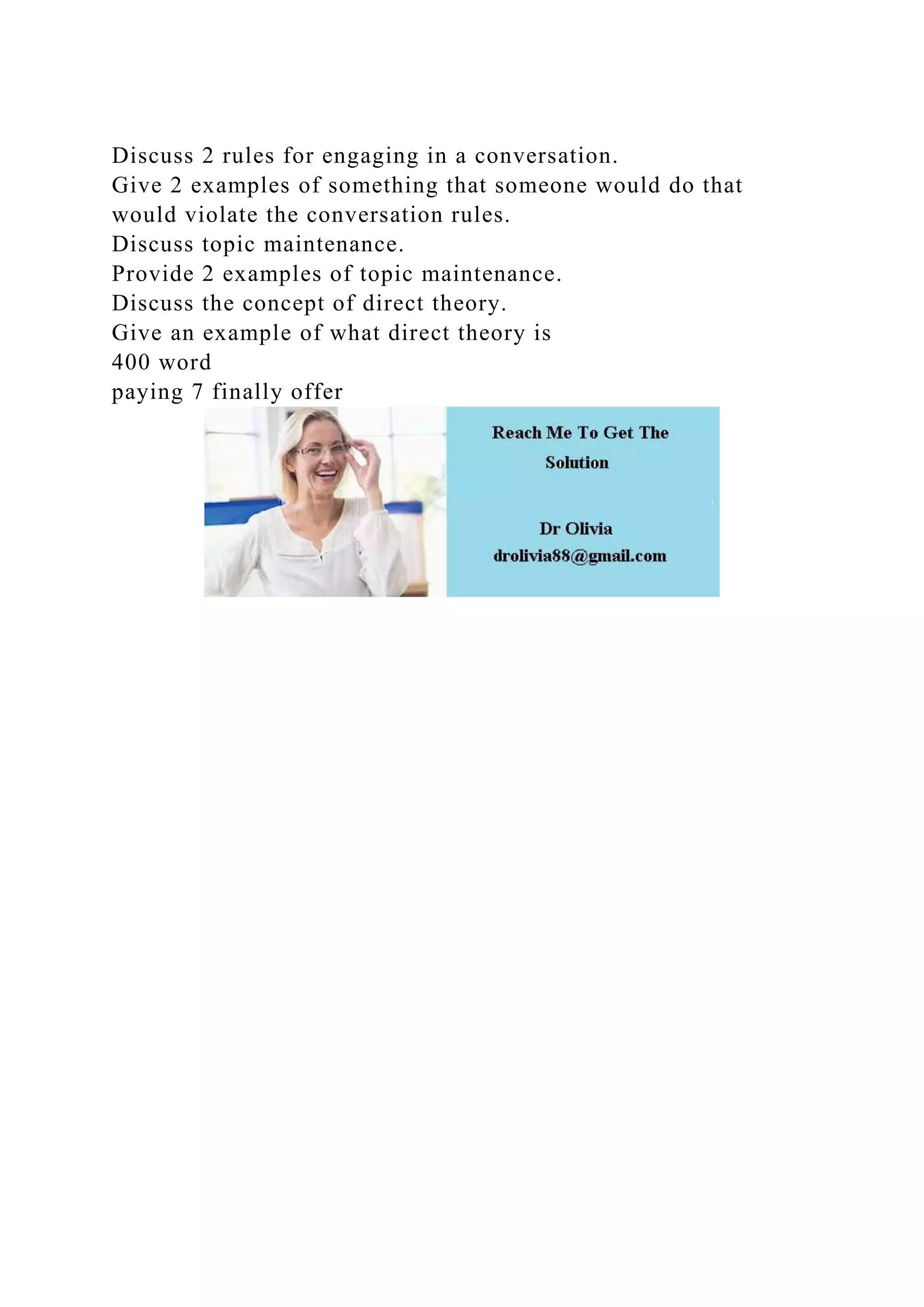 Discuss 2 rules for engaging in a conversation.Give 2 examples of .docx ...