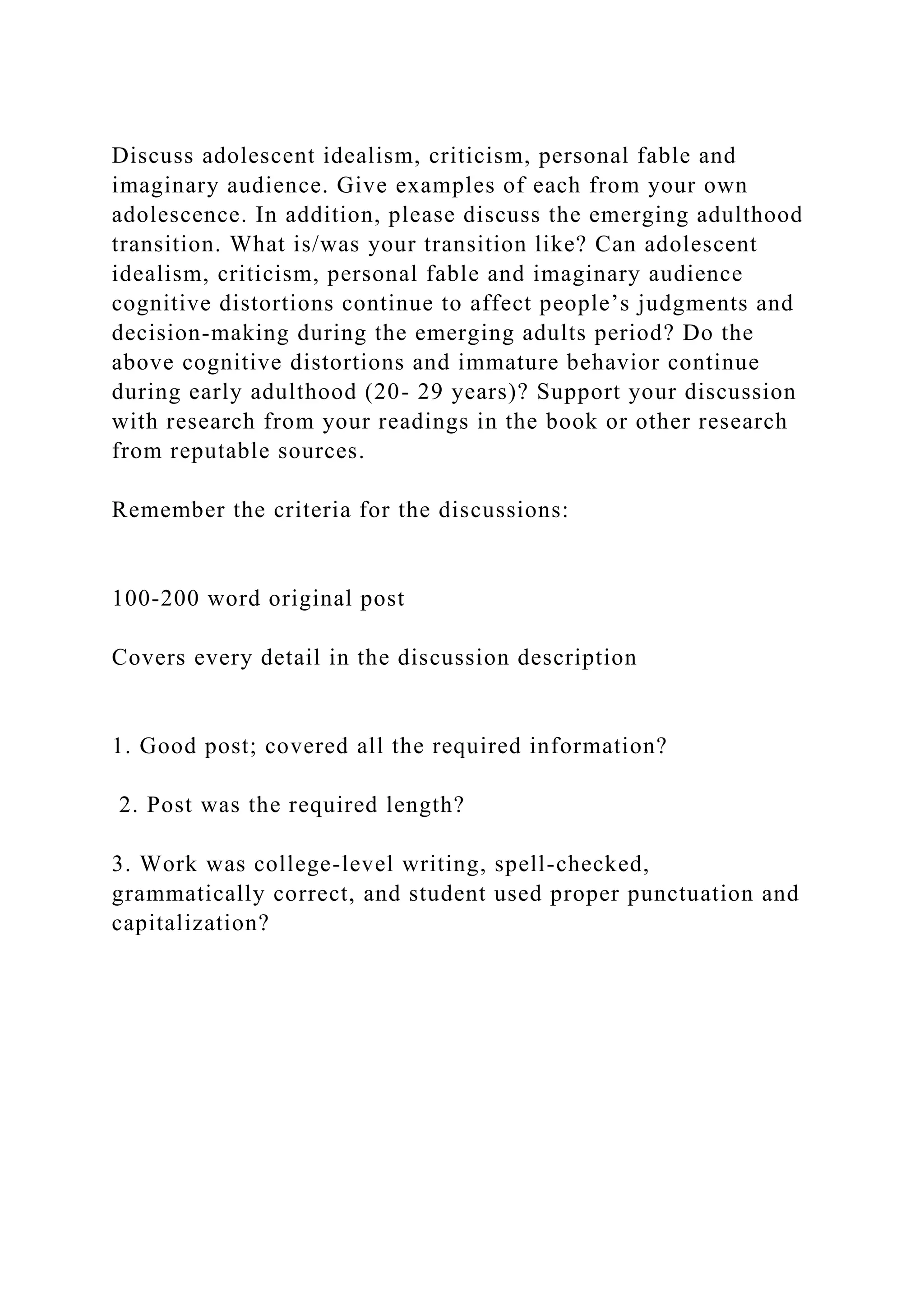 Discuss adolescent idealism, criticism, personal fable and imaginary | DOCX