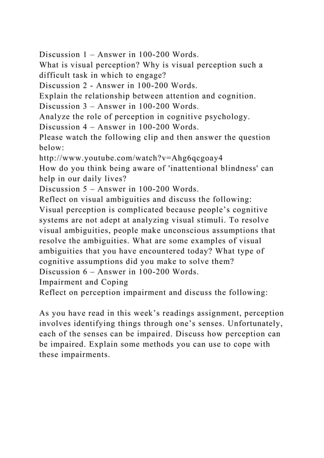 Discussion 1 – Answer in 100-200 Words.What is visual perception .docx