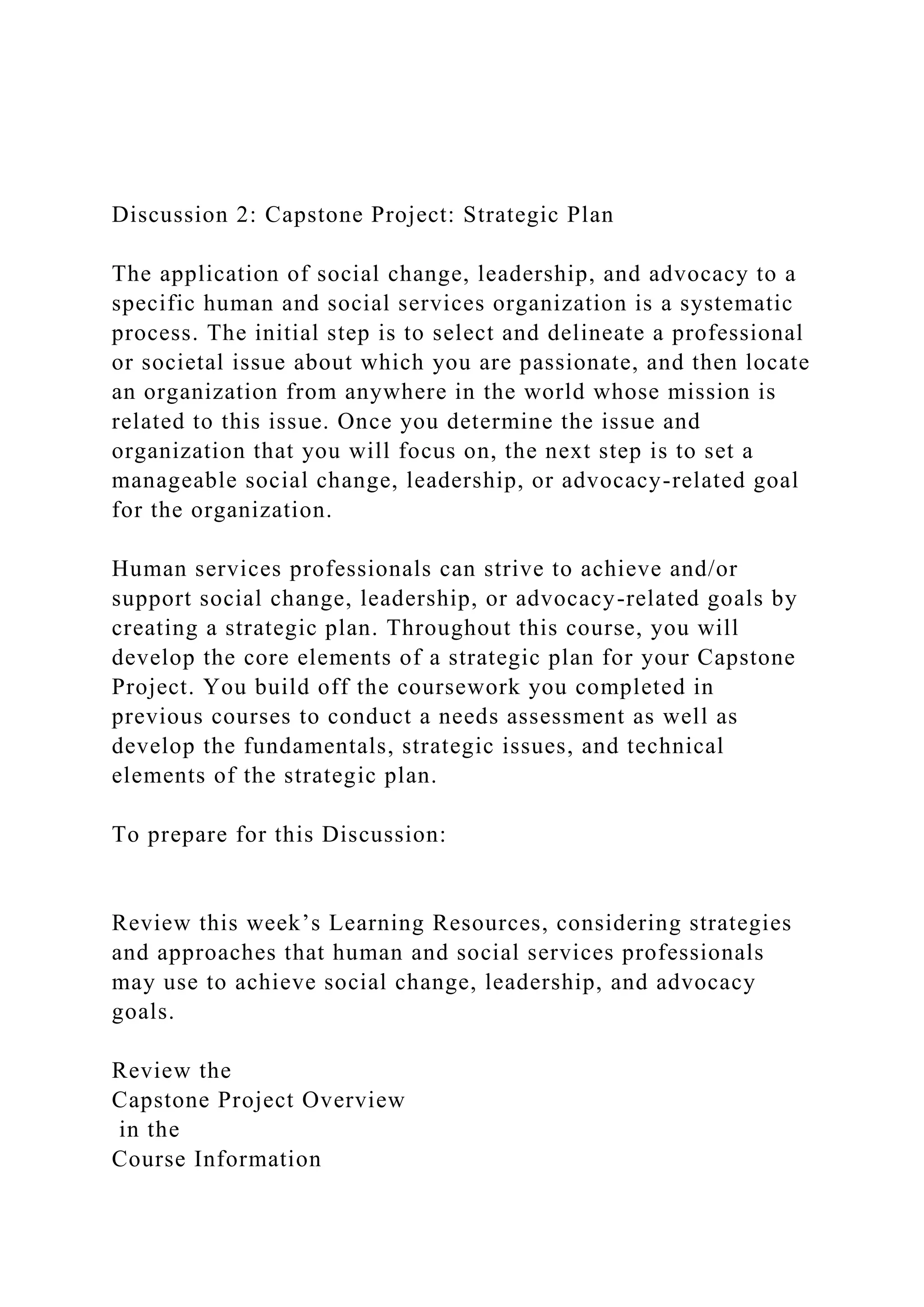 Discussion 2 Capstone Project Strategic PlanThe applicatio.docx | Human ...