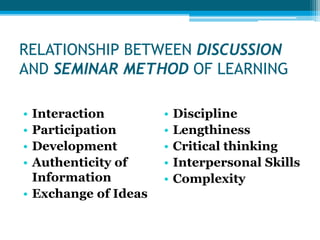 Relation between Discussion method and seminar method | PPTX | Postgraduate Education | College ...