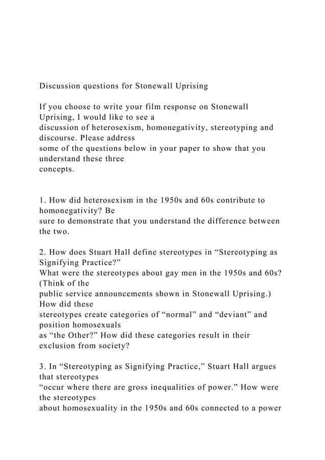 Discussion questions for Stonewall Uprising If you choose.docx