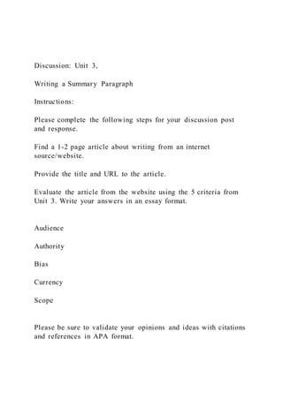 Discussion Unit 3, Writing a Summary ParagraphInstructi | PDF