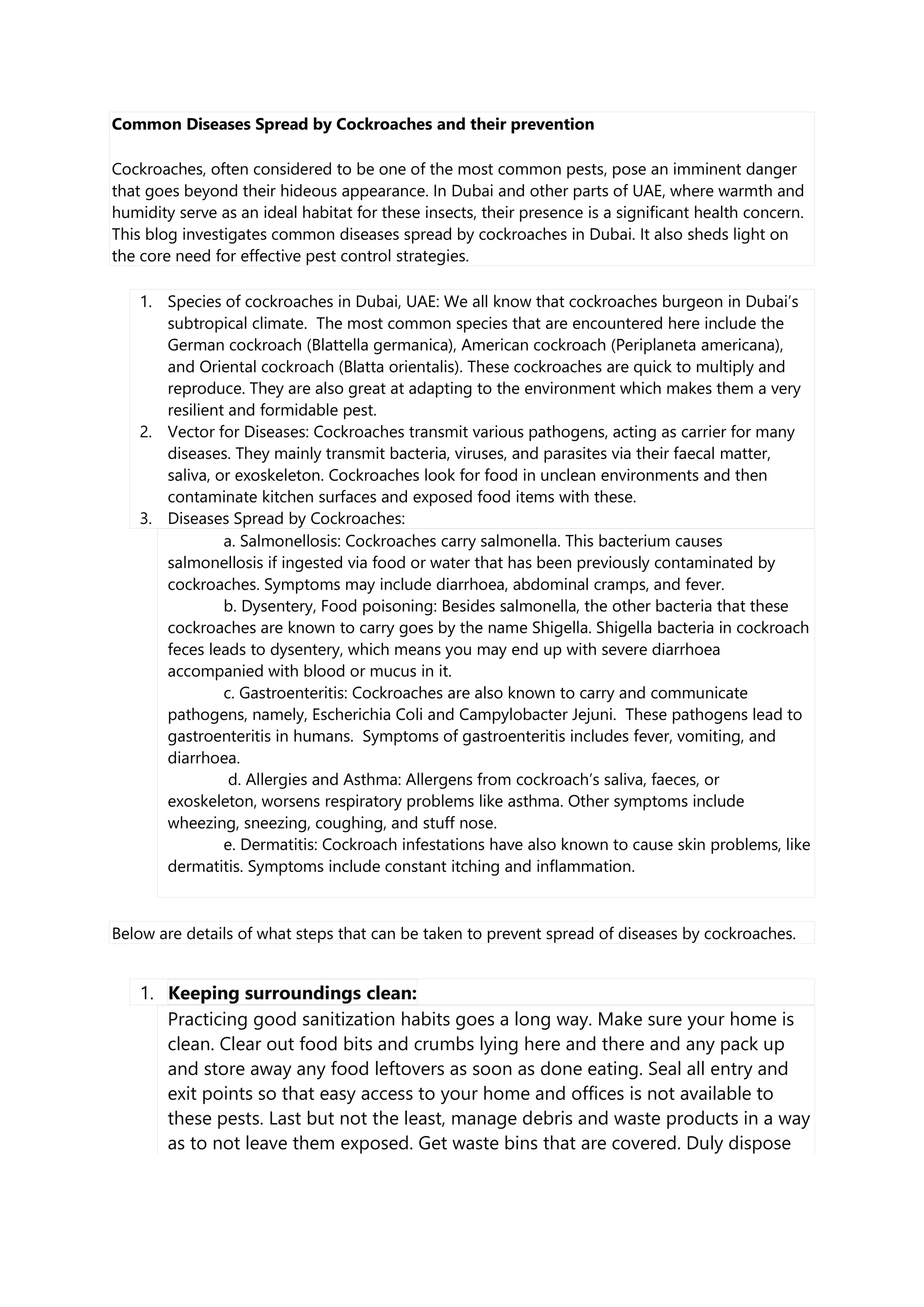 Diseases spread by cockroaches and their prevention | DOCX