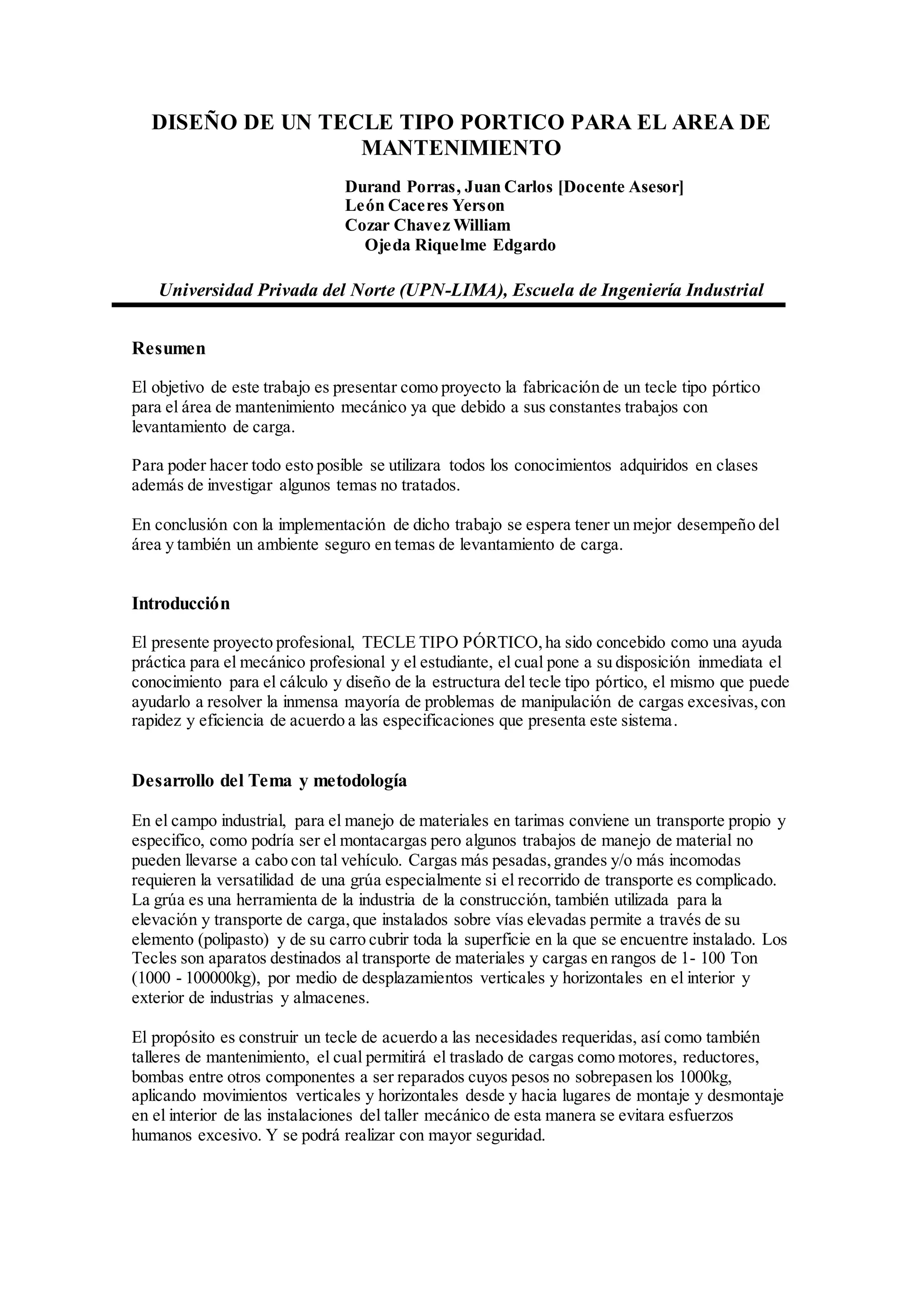 Diseño de un tecle tipo portico para el area de Mantenimiento | DOCX